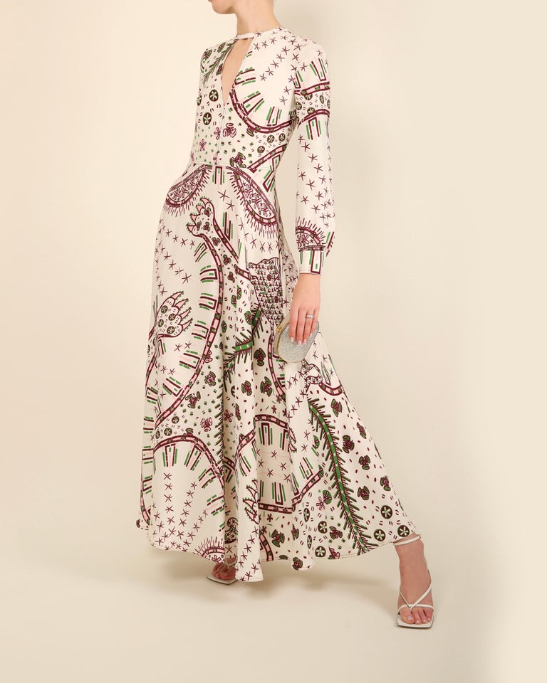 Valentino 18 white aztec leopard print crepe cady low cut silk gown ...