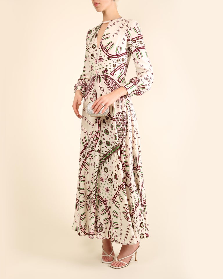 Valentino 18 white aztec leopard print crepe cady low cut silk gown ...