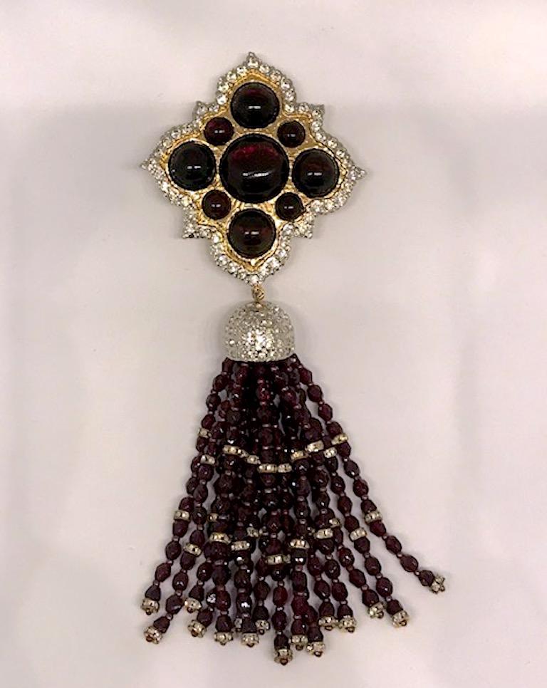 Valentino 1990s Huge Red Cabochon and Red Bead Tassel Pin at 1stDibs