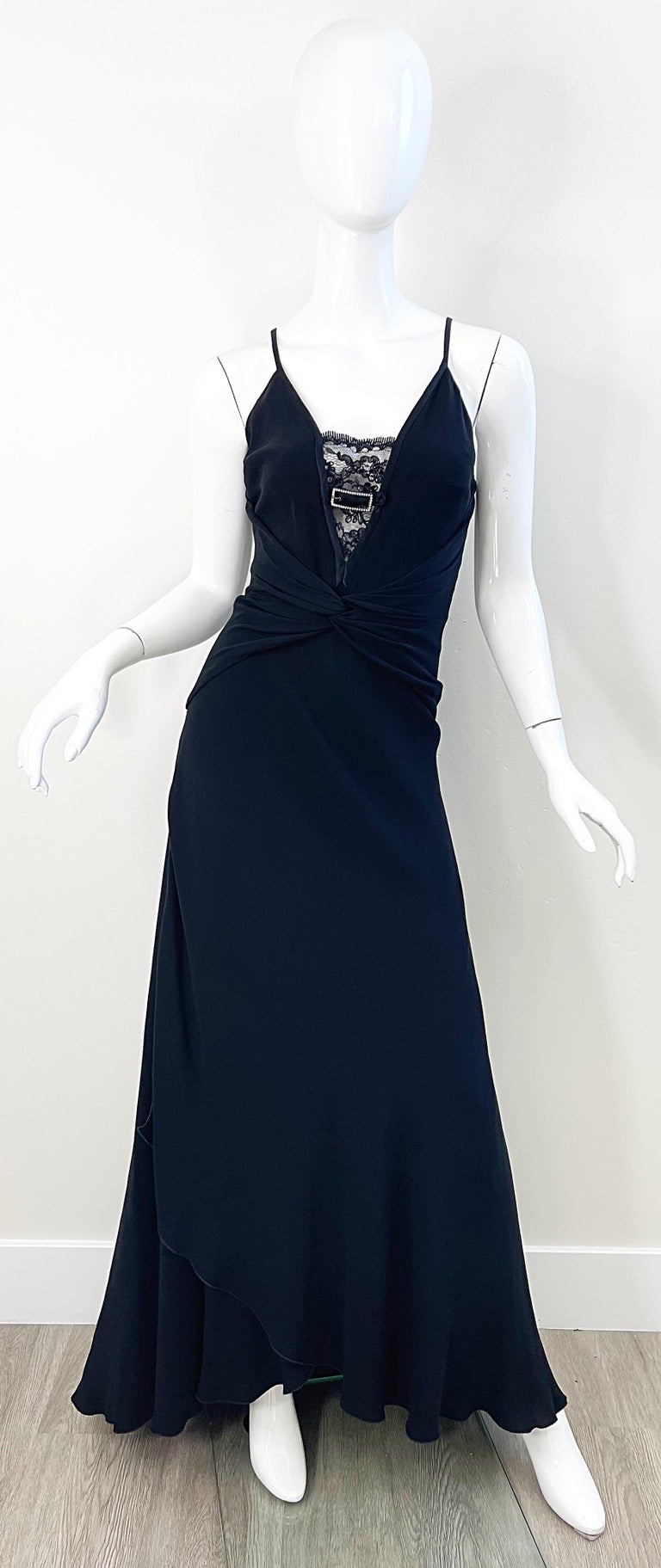 Valentino 2000s Size 6 Black Silk Lace Cut-Out Sequin Evening Gown ...