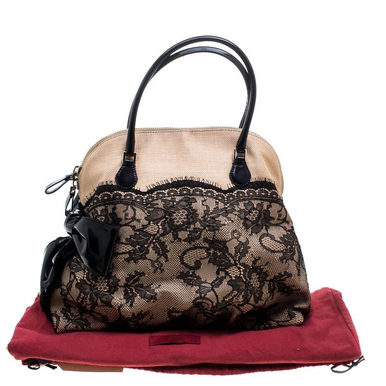 Valentino Beige/Black Canvas and Lace Bow Dome Satchel For Sale at 1stDibs