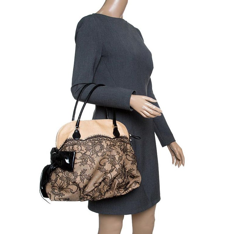 Valentino Beige/Black Canvas and Lace Bow Dome Satchel For Sale at 1stDibs