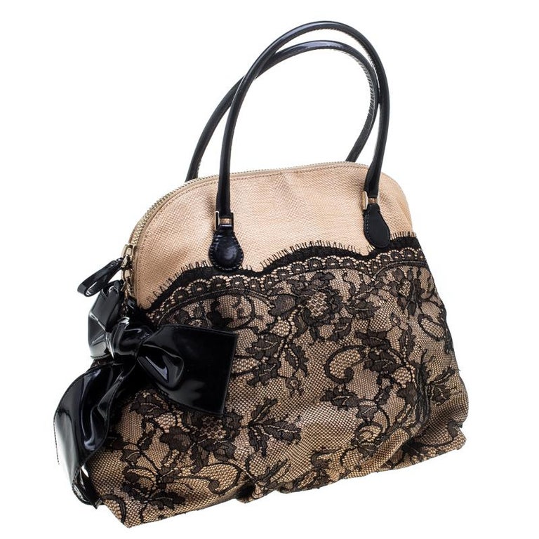 Valentino Beige/Black Canvas and Lace Bow Dome Satchel For Sale at 1stDibs