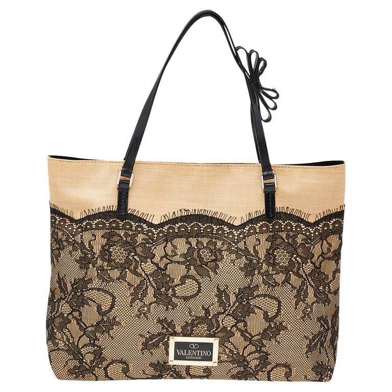 Valentino Beige-Black Raffia, Lace, And Patent Leather Tote at 1stDibs