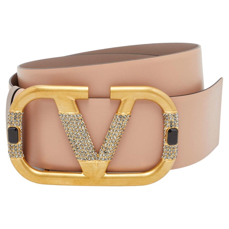 Valentino Beige/Grey Leather Crystal Embellished V Logo Reversible Belt ...