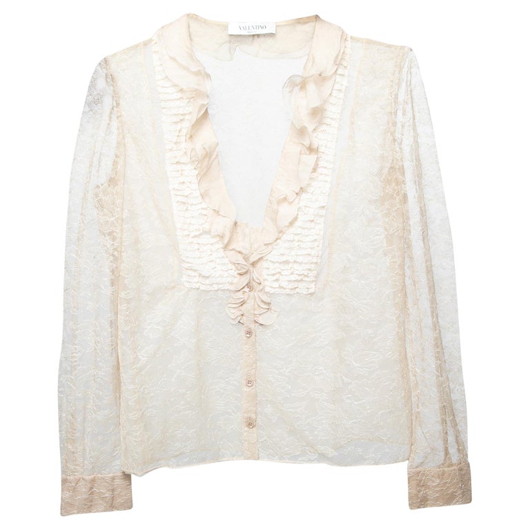 Valentino Beige Lace Ruffle Detail Button Front Long Sleeve Blouse L ...