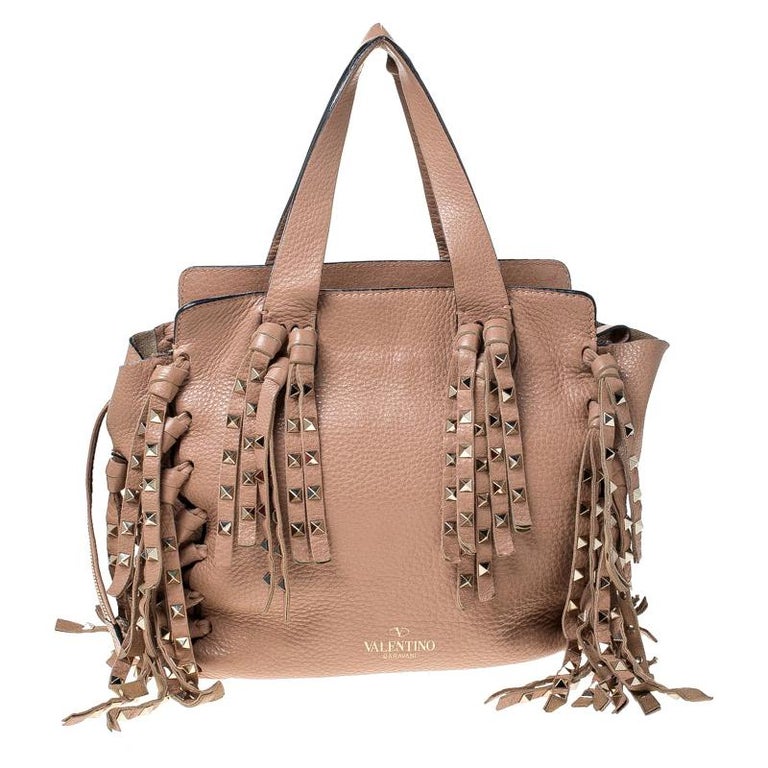 Valentino Beige Leather Rockstud Fringed Tote For Sale at 1stDibs