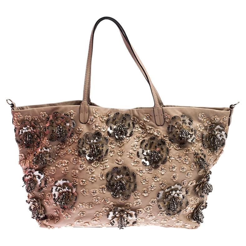 Valentino Beige Canvas Floral Sequin Tote Bag at 1stDibs
