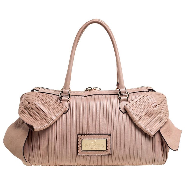 Valentino Beige Pleated Leather Side Bow Satchel For Sale at 1stDibs
