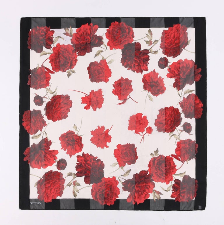 VALENTINO Black and White Red Rose Floral Print Striped Semi Sheer Silk ...