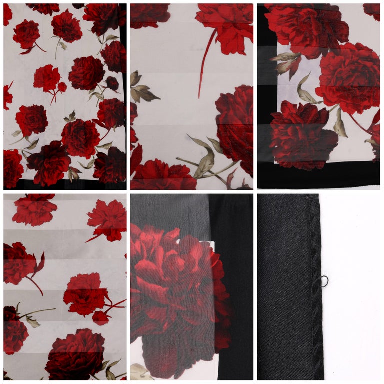 VALENTINO Black and White Red Rose Floral Print Striped Semi Sheer Silk ...