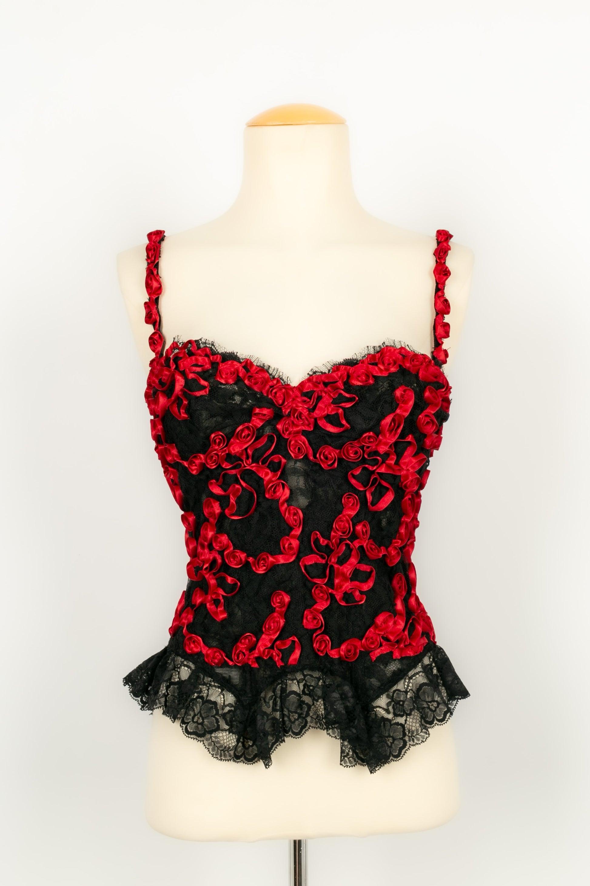Valentino Black and Red Lace Top with Red Ribbons For Sale at 1stDibs