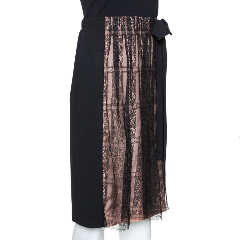 Valentino Black Crepe and Lace Insert Midi Skirt M For Sale at 1stDibs