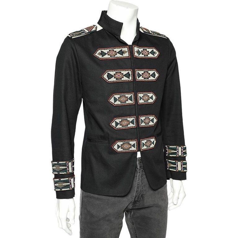 Valentino Black Embellished Cotton Military Jacket L For Sale at 1stDibs