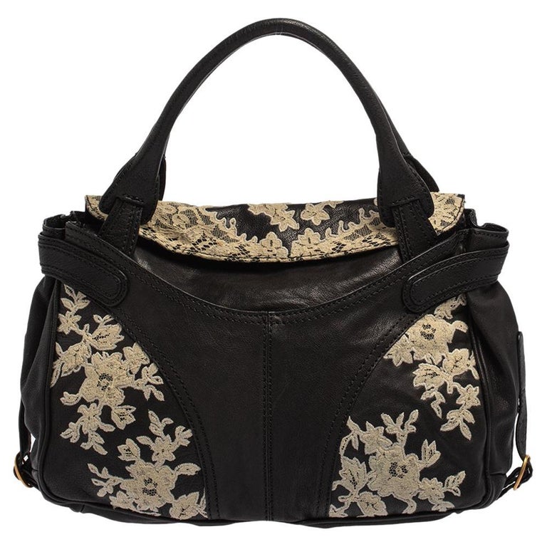 Valentino Black Flower Lace Embroidered Leather Tote For Sale at 1stDibs