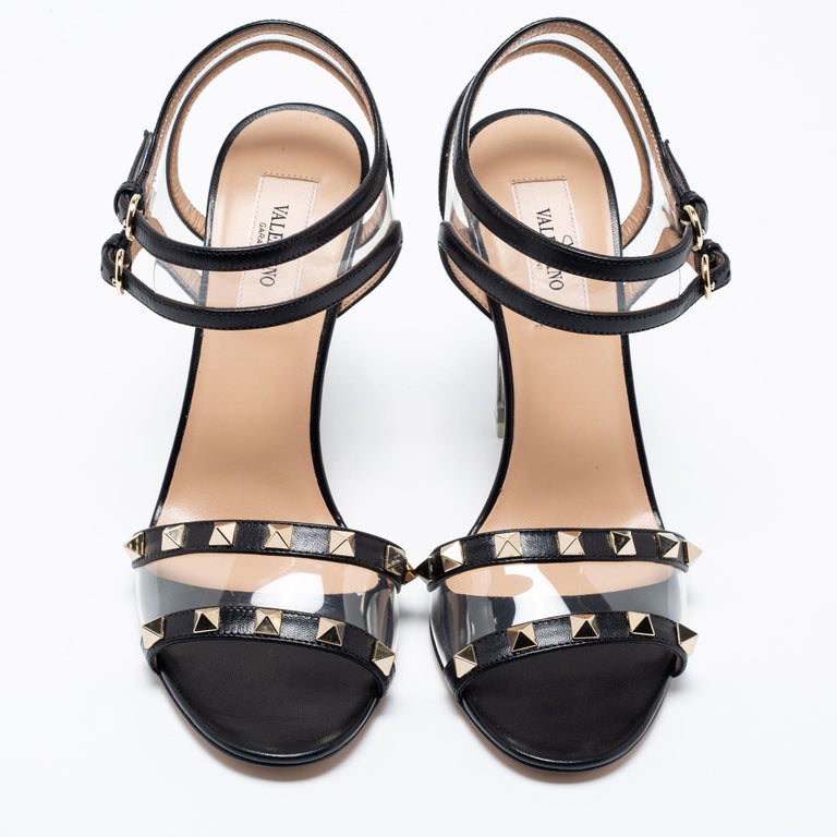 Valentino Black Leather And PVC Rockstud Ankle Strap Sandals Size 37.5 ...