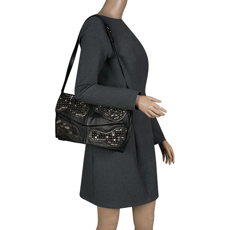 Valentino Black Leather Embellished Flat Shoulder Bag For Sale at 1stDibs