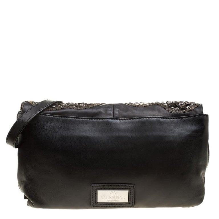 Valentino Black Leather Embellished Flat Shoulder Bag For Sale at 1stDibs