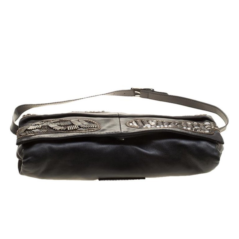 Valentino Black Leather Embellished Flat Shoulder Bag For Sale at 1stDibs