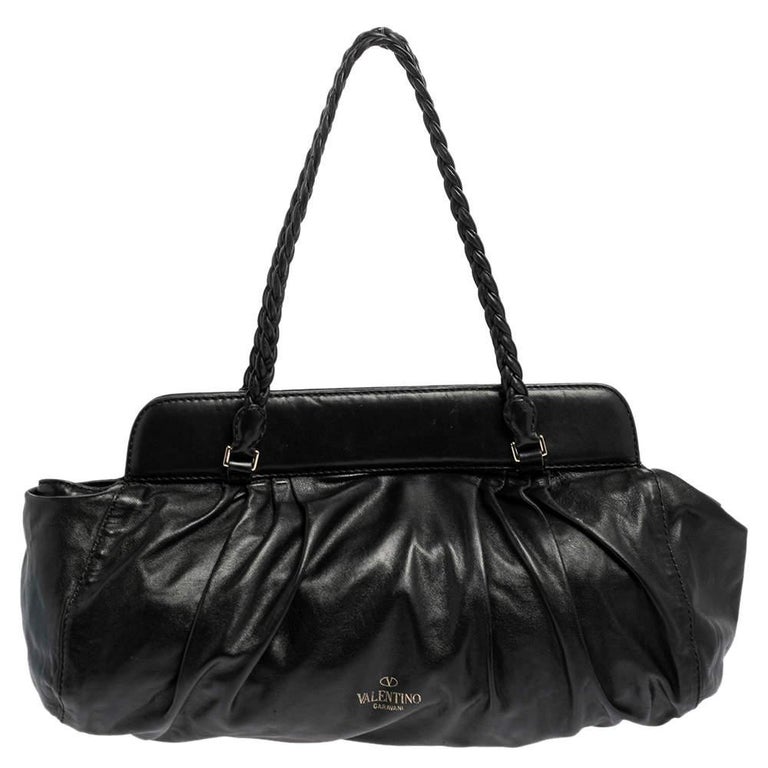 Valentino Black Leather Floral Embroidered Frame Satchel For Sale at ...
