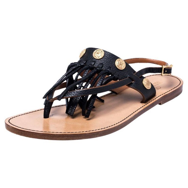Valentino Black Leather Fringed Coin Detail Thong Flat Sandals Size 39 ...
