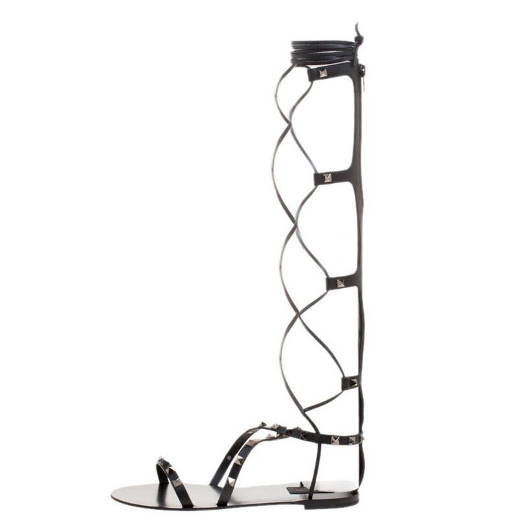 Valentino Black Leather Knee High Rockstud Gladiator Flat Sandals Size ...