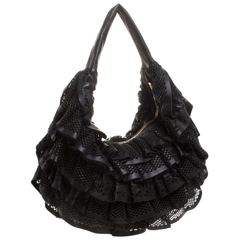 Valentino Black Leather Mesh Ruffle Hobo at 1stDibs | valentino ruffle ...