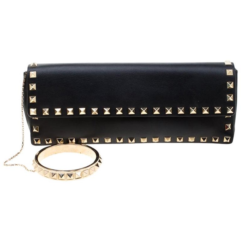 Valentino Black Leather Rockstud Bracelet Clutch For Sale at 1stDibs