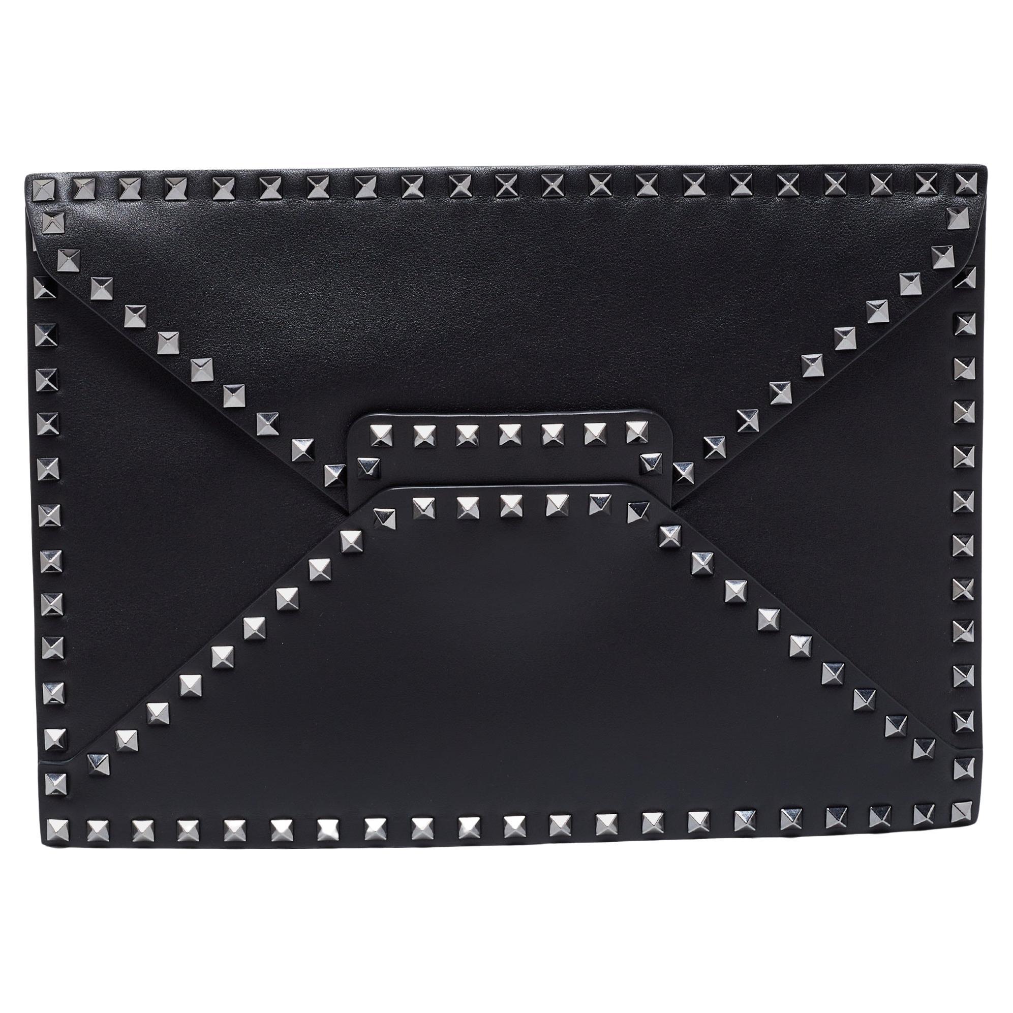 Valentino Black Leather Rockstud Clutch For Sale at 1stDibs