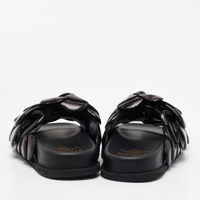 Valentino Black Leather Rose Atelier Fat Slides Size 38 For Sale at 1stDibs