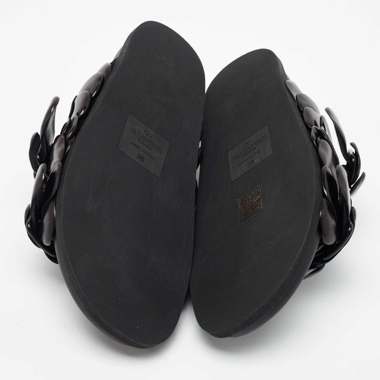 Valentino Black Leather Rose Atelier Fat Slides Size 38 For Sale at 1stDibs