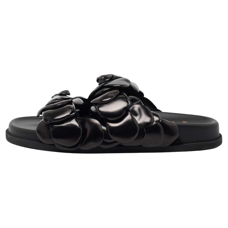 Valentino Black Leather Rose Atelier Fat Slides Size 38 For Sale at 1stDibs