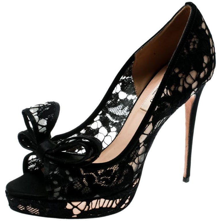 Valentino Black Mesh Floral Couture Bow Lace Peep Toe Platform Pumps ...