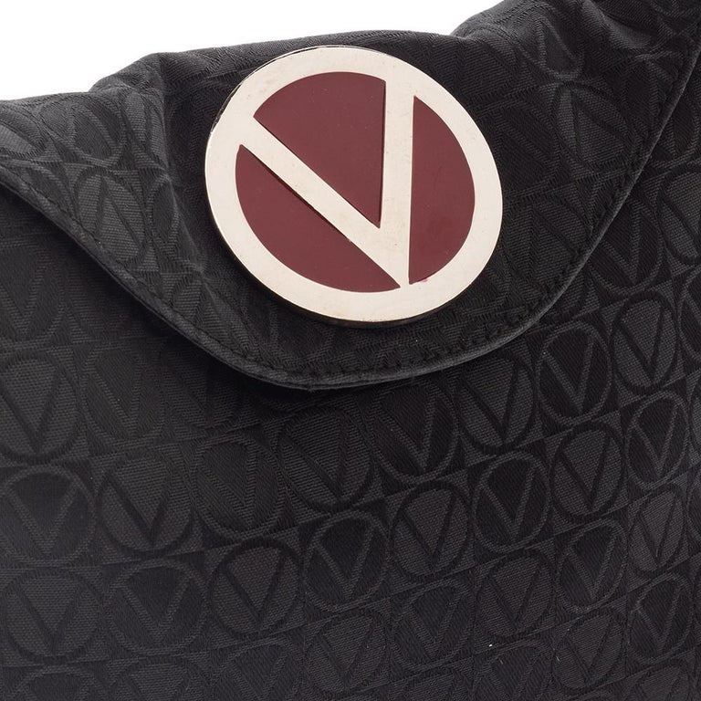 Valentino Black Monogram Canvas and Leather Round VRing Logo Baguette ...