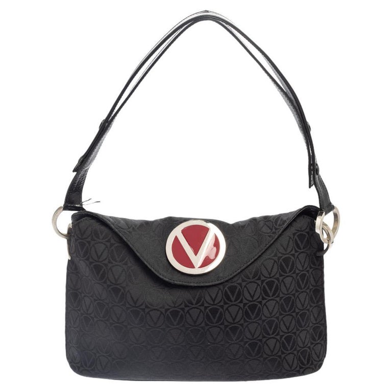 Valentino Black Monogram Canvas and Leather Round VRing Logo Baguette ...