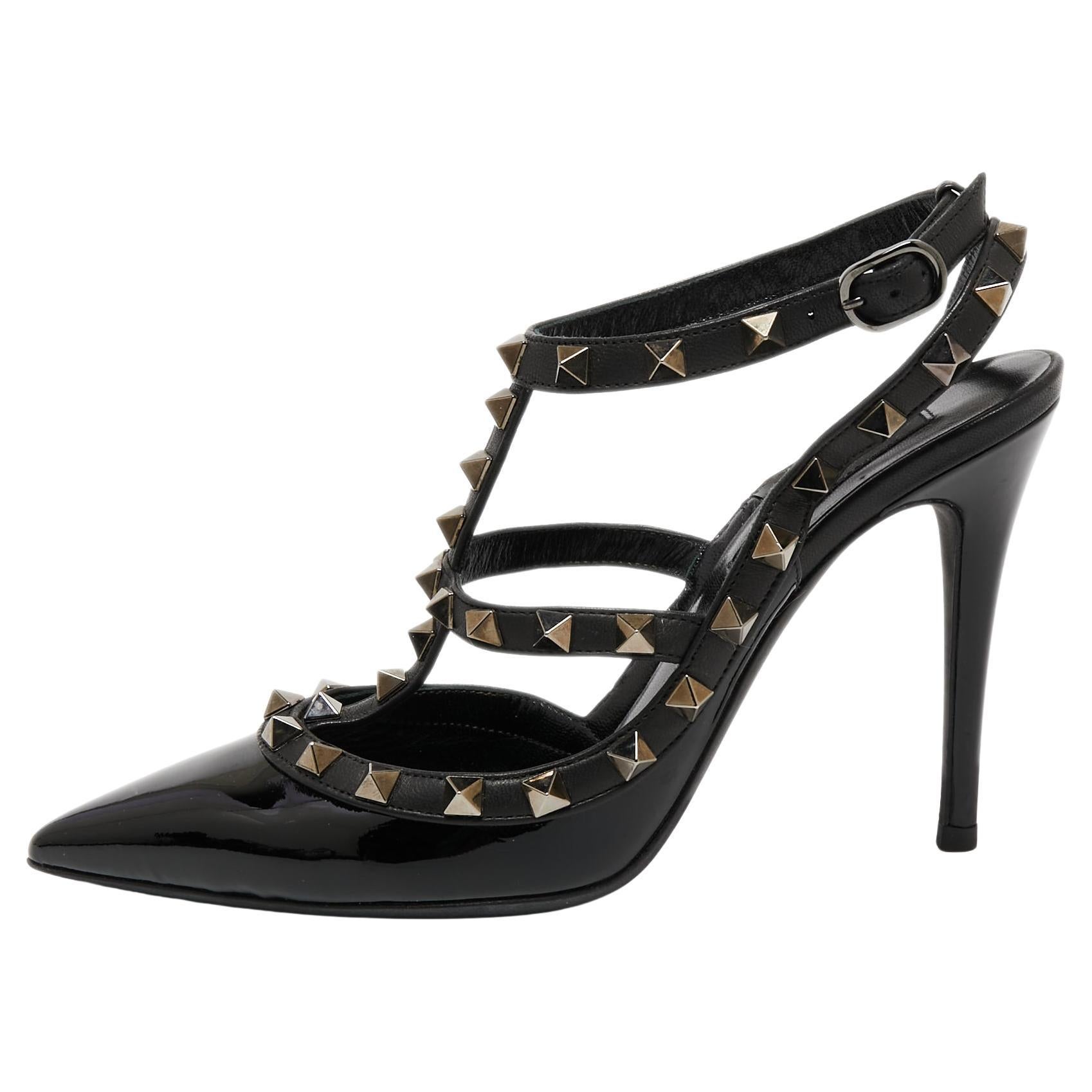 Escarpins Valentino à lanières en cuir verni noir avec clous de ...