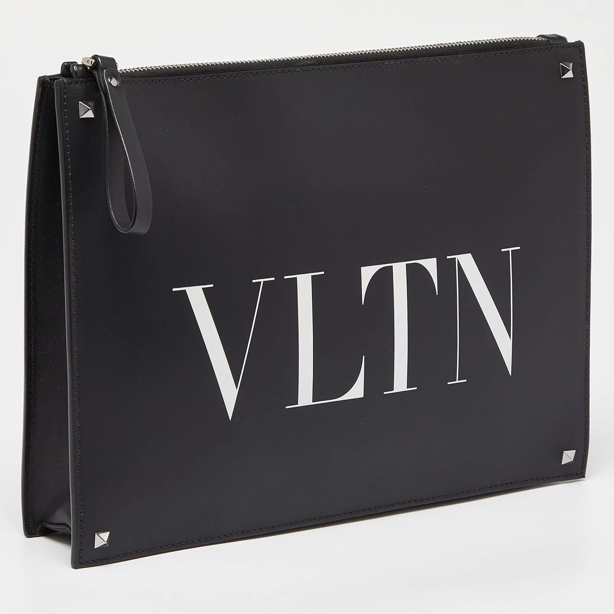 Valentino Black/White Leather VLNT Zip Pouch For Sale at 1stDibs