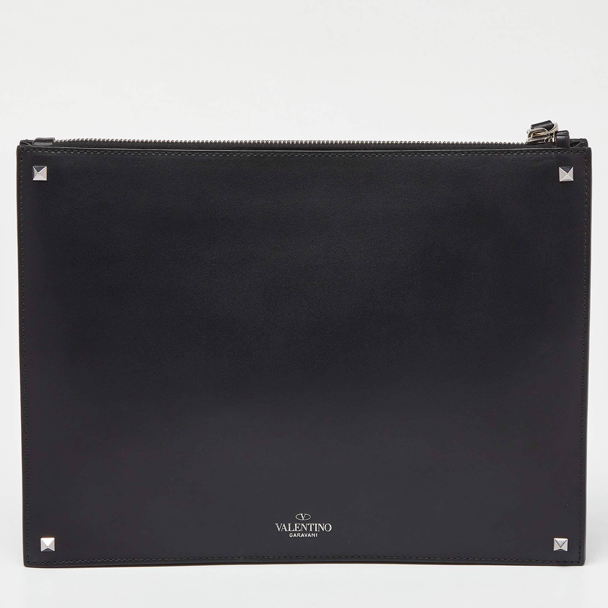 Valentino Black/White Leather VLNT Zip Pouch For Sale at 1stDibs