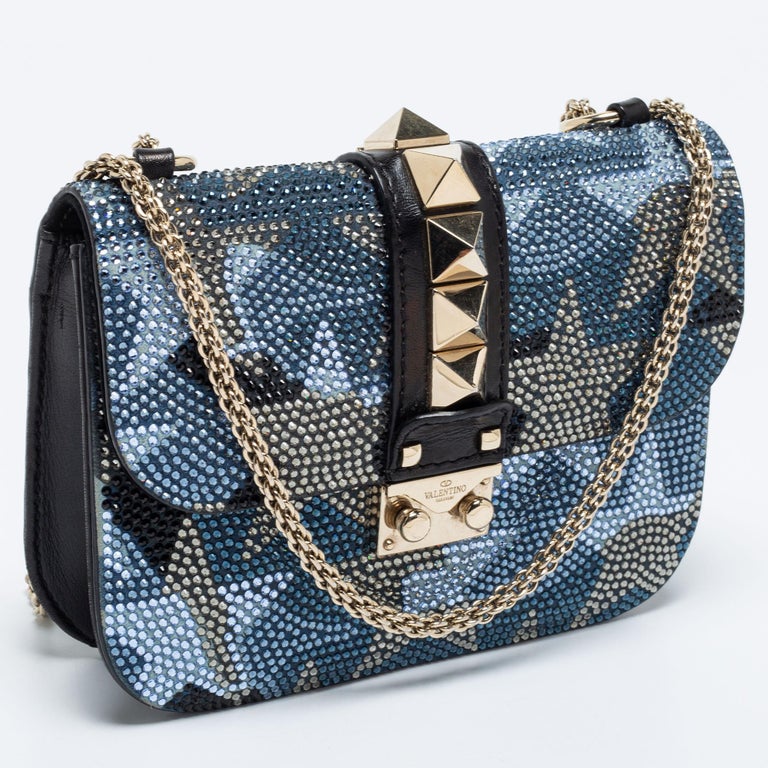 Valentino Blue/Black Crystal Embellished Leather Small Glam Lock Flap ...