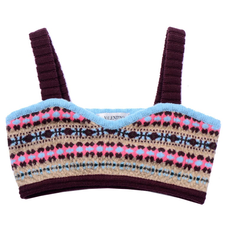 Valentino Blue Brown Pink Fair Isle Knit Bralette Crop Top Deadstock ...