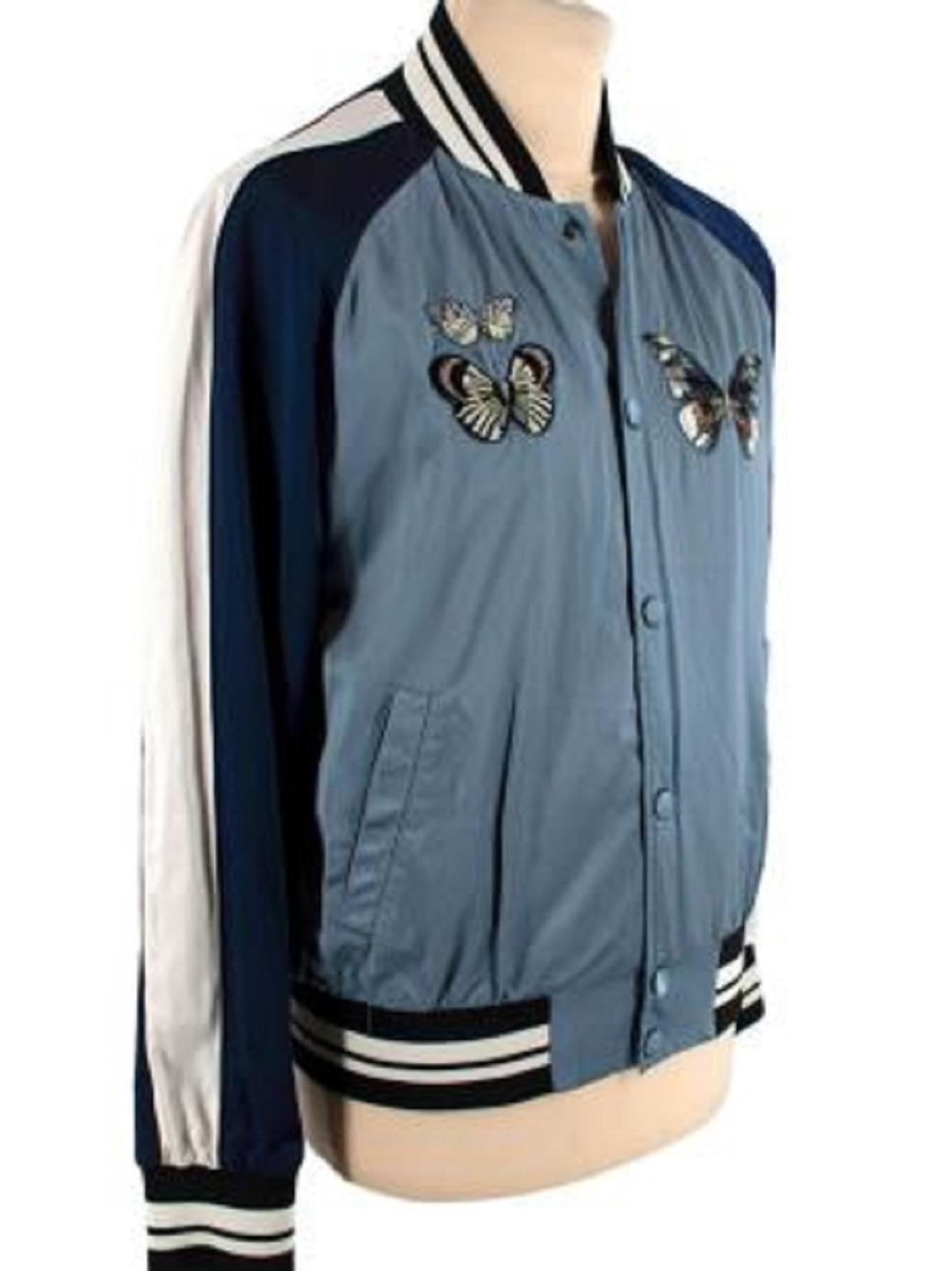 Valentino Blue Butterfly Satin Bomber Jacket For Sale at 1stDibs