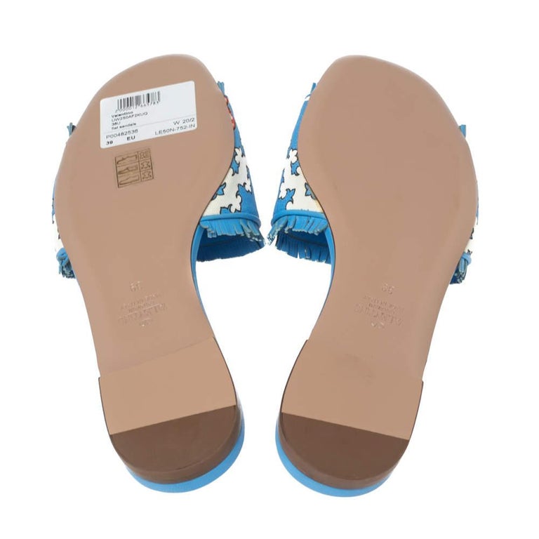 Valentino Blue Canvas Flower Palm Leaf Flat Slides Size 39 For Sale at ...