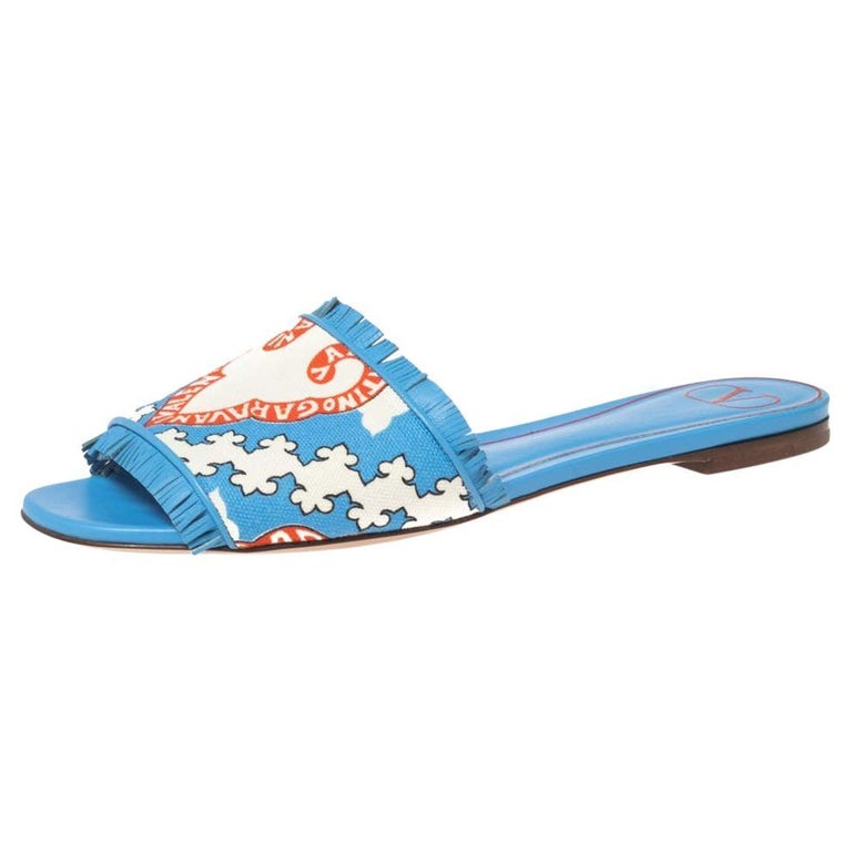 Valentino Blue Canvas Flower Palm Leaf Flat Slides Size 39 For Sale at ...