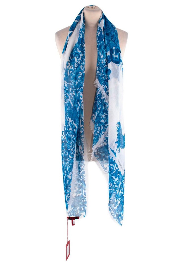 Valentino Blue Delft-Vase Cashmere and Silk Shawl Scarf For Sale at 1stDibs