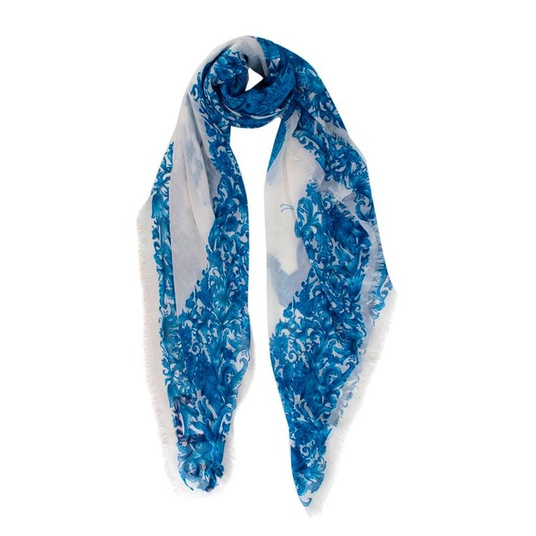 Valentino Blue Delft-Vase Cashmere and Silk Shawl Scarf For Sale at 1stDibs