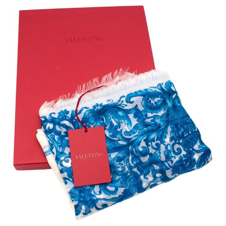 Valentino Blue Delft-Vase Cashmere and Silk Shawl Scarf For Sale at 1stDibs