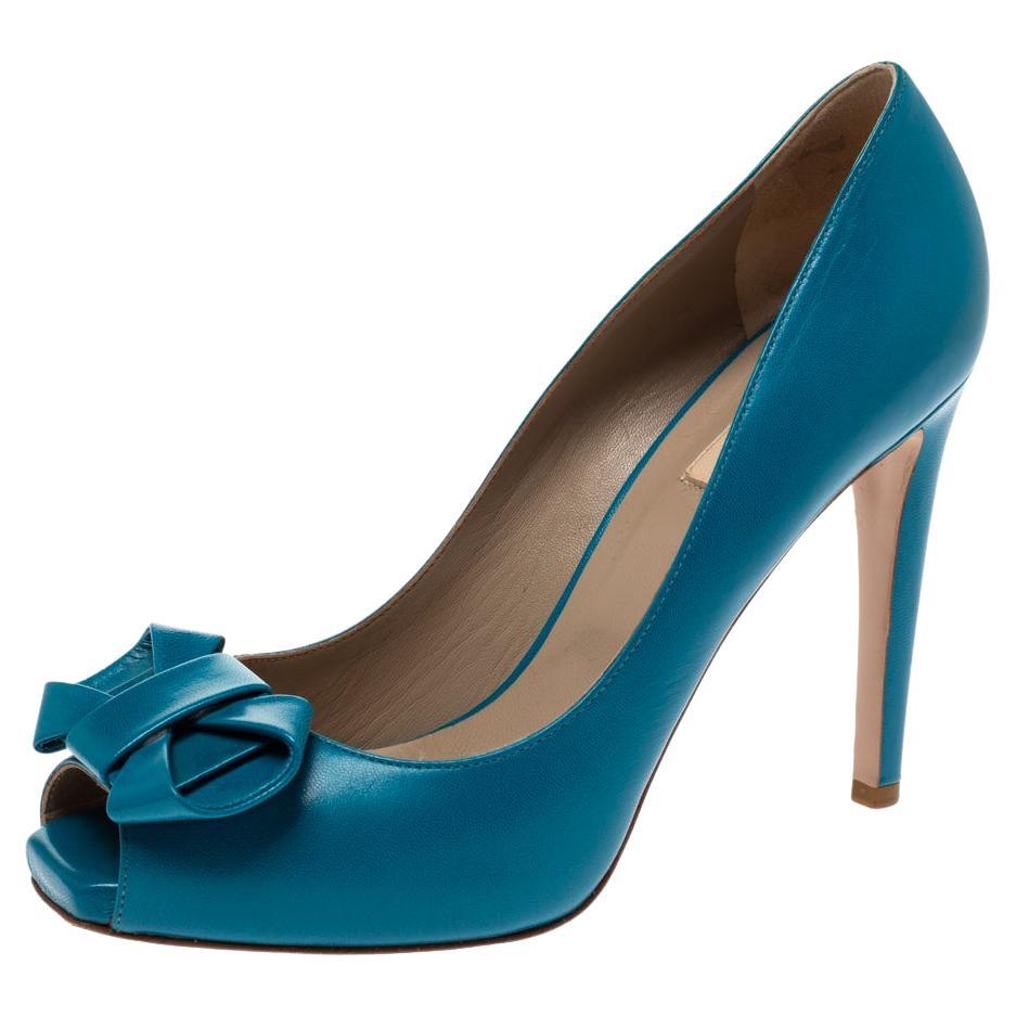 VALENTINO cyan blue leather ROCKSTUD 85 Pointed Toe Pumps Shoes 37.5 ...