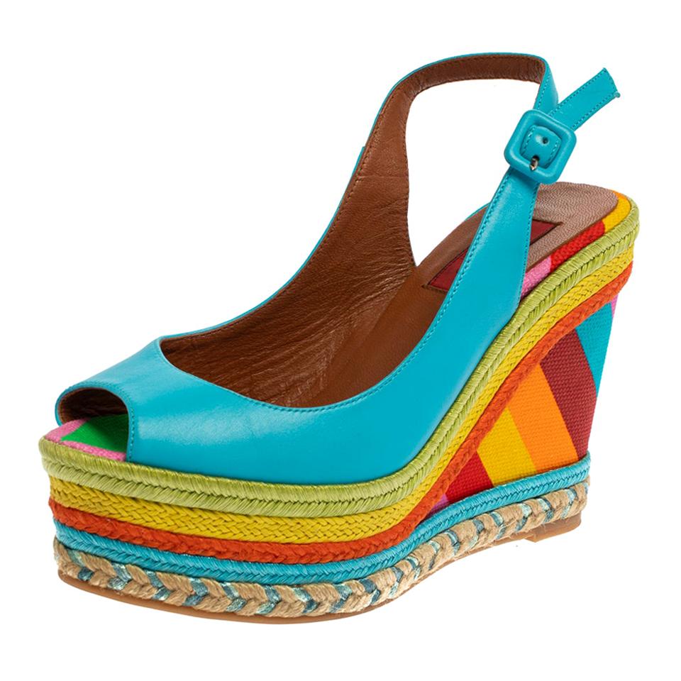 Valentino Blue Leather Peep Toe Singback Rainbow Wedge Sandals Size 36 ...