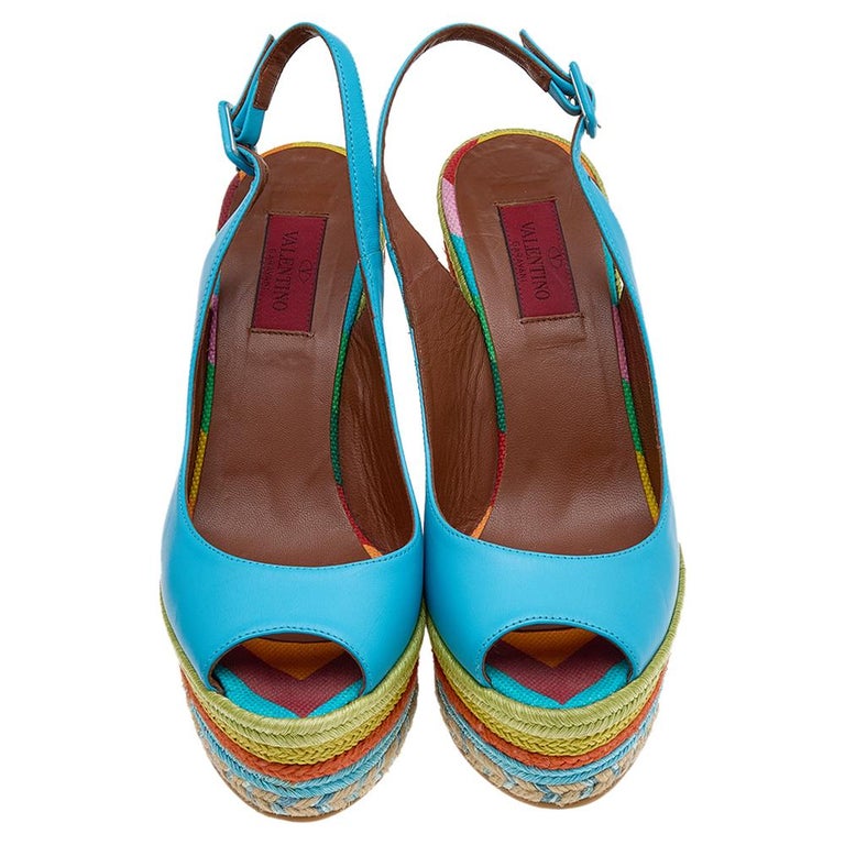 Valentino Blue Leather Peep Toe Slingback Rainbow Wedge Sandals Size 38 ...