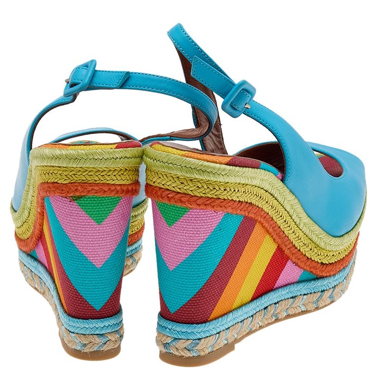 Valentino Blue Leather Peep Toe Slingback Rainbow Wedge Sandals Size 38 ...
